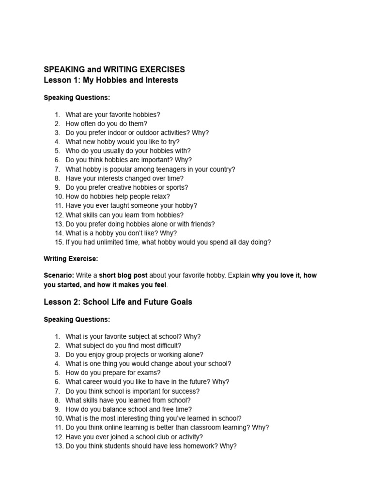 Speaking and Writing Exercises - Zihan | PDF | Homework | Hobbies