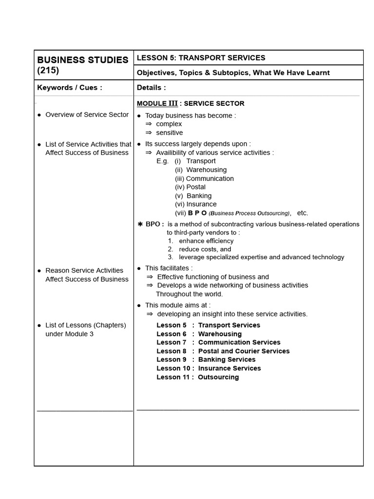 Completed Cornell Notes Format - Bs 215 - Lesson 5 - Transport Services ...
