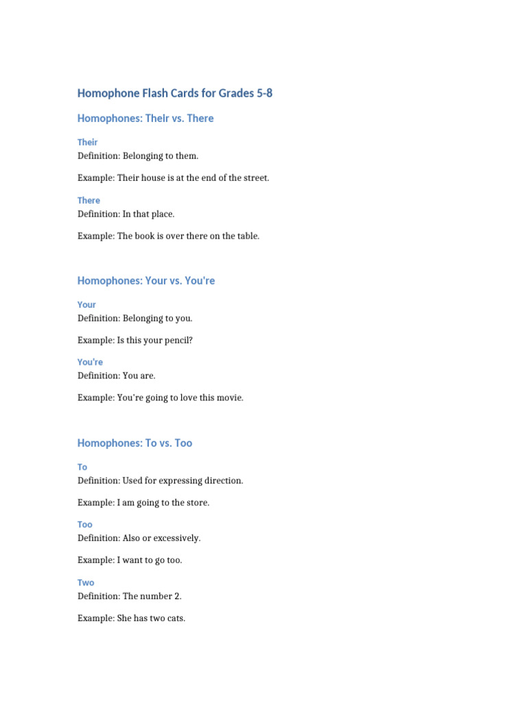 Homophone Flash Cards Grades 5-8 | PDF