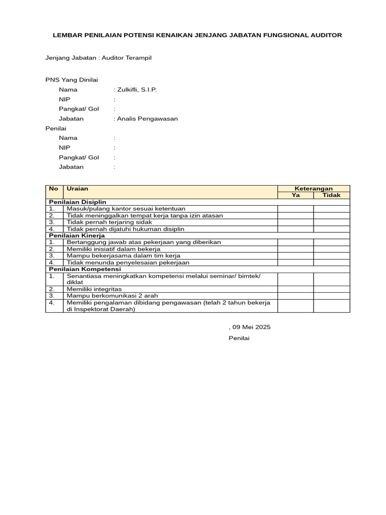 Lembar Penilaian Potensi Perpindahan Dalam Jabatan Fungsional Auditor | PDF
