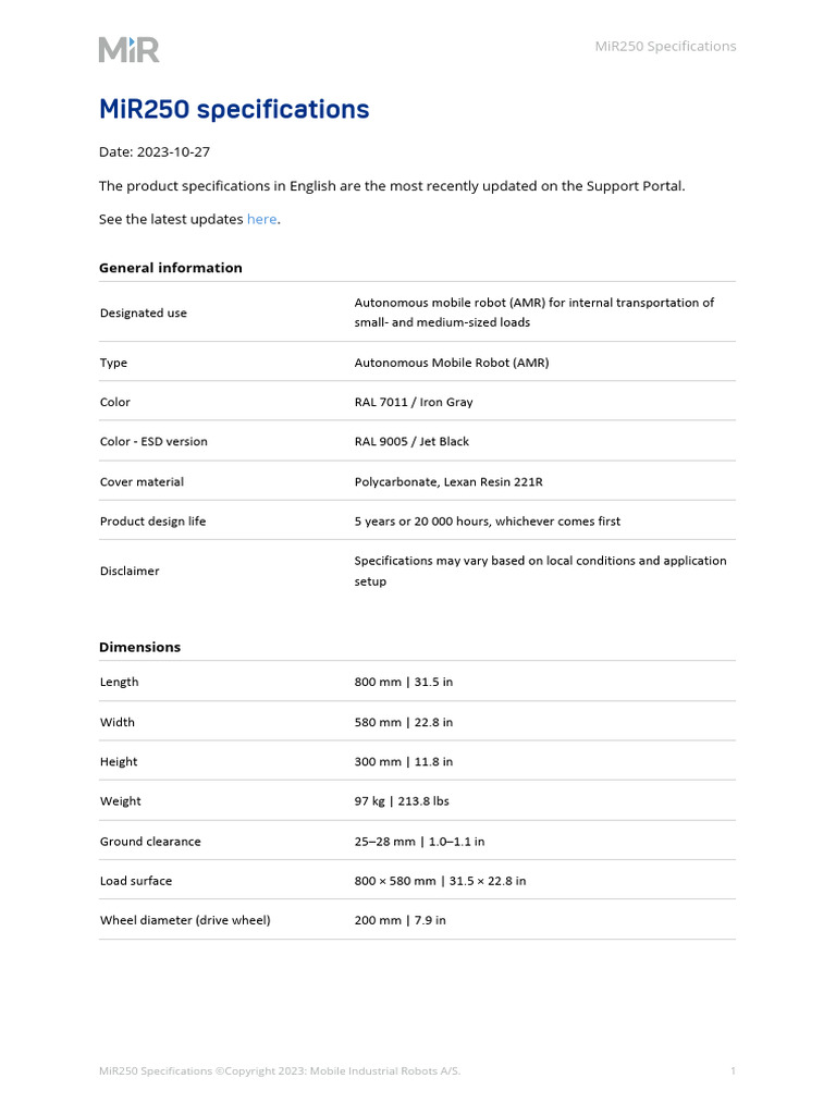 MiR250 Specifications 2.69 | PDF | Battery Charger | Ieee 802.11