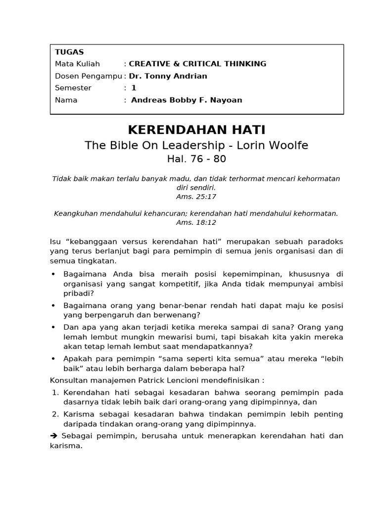 Creative & Critical Thinking - RINGKASAN BAB 4 - Kerendahan Hati | PDF