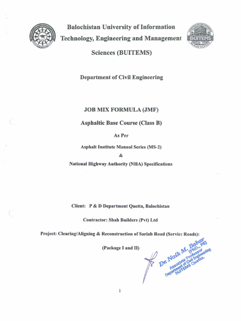 JMF Asphalt Base (Class.B) Sariab Road | PDF