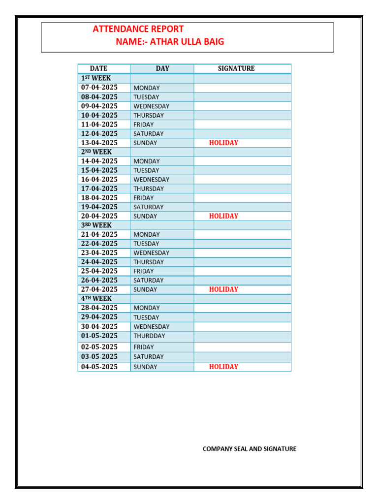 Attendance Report of Internship | PDF