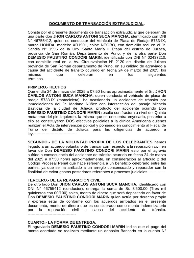 Documento de Transacción Extrajudicial | PDF