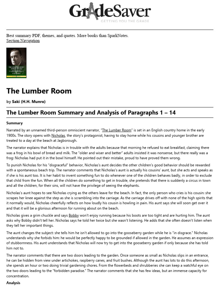 The Lumber Room Paragraphs 1 - 14 Summary and Analysis - GradeSaver | PDF
