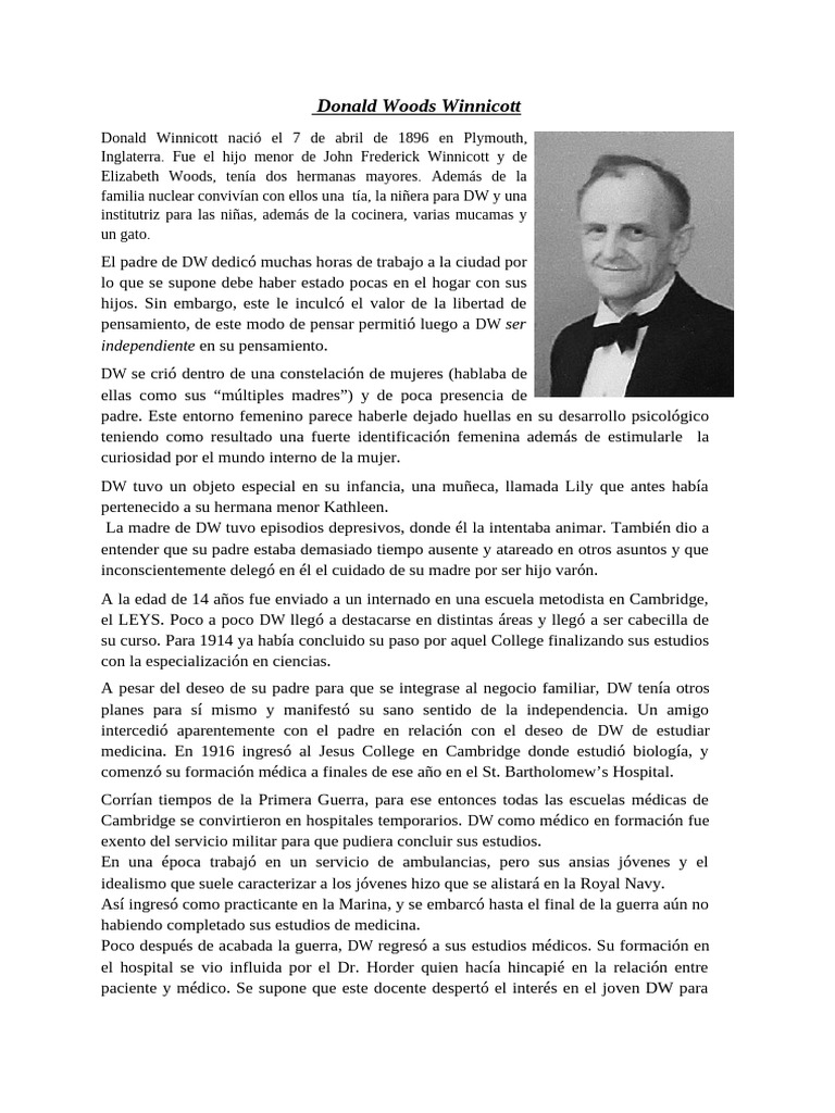 Biografía de Donald Winnicott | PDF | Psicoanálisis | Teoría de apego