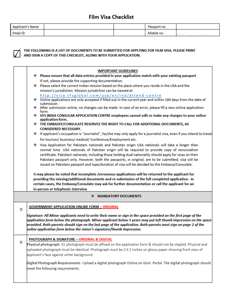 Film Visa Application Document Checklist | PDF | Travel Visa | Passport