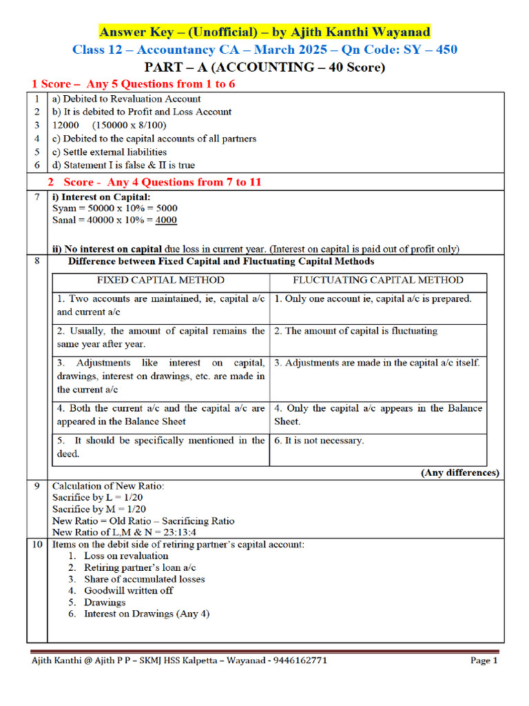 Plus Two Annual Exam 2025 Accountancy Wih CA Answer Key | PDF | Spreadsheet | Computing