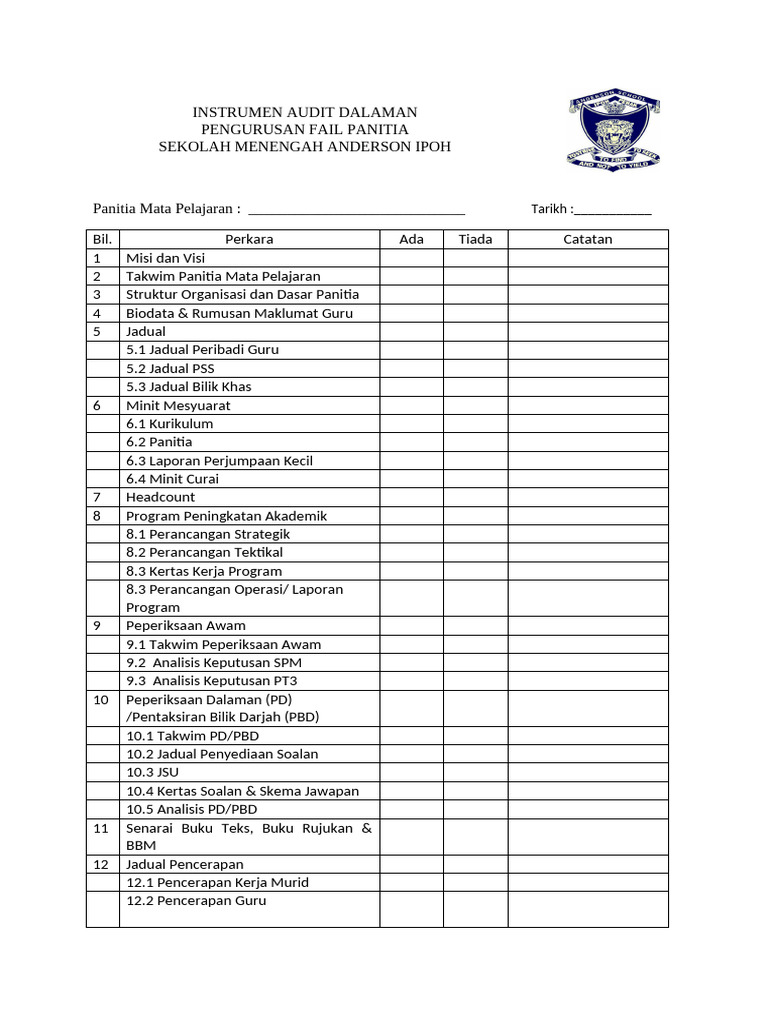Borang Pemantauan Fail Panitia Mata Pelajaran | PDF