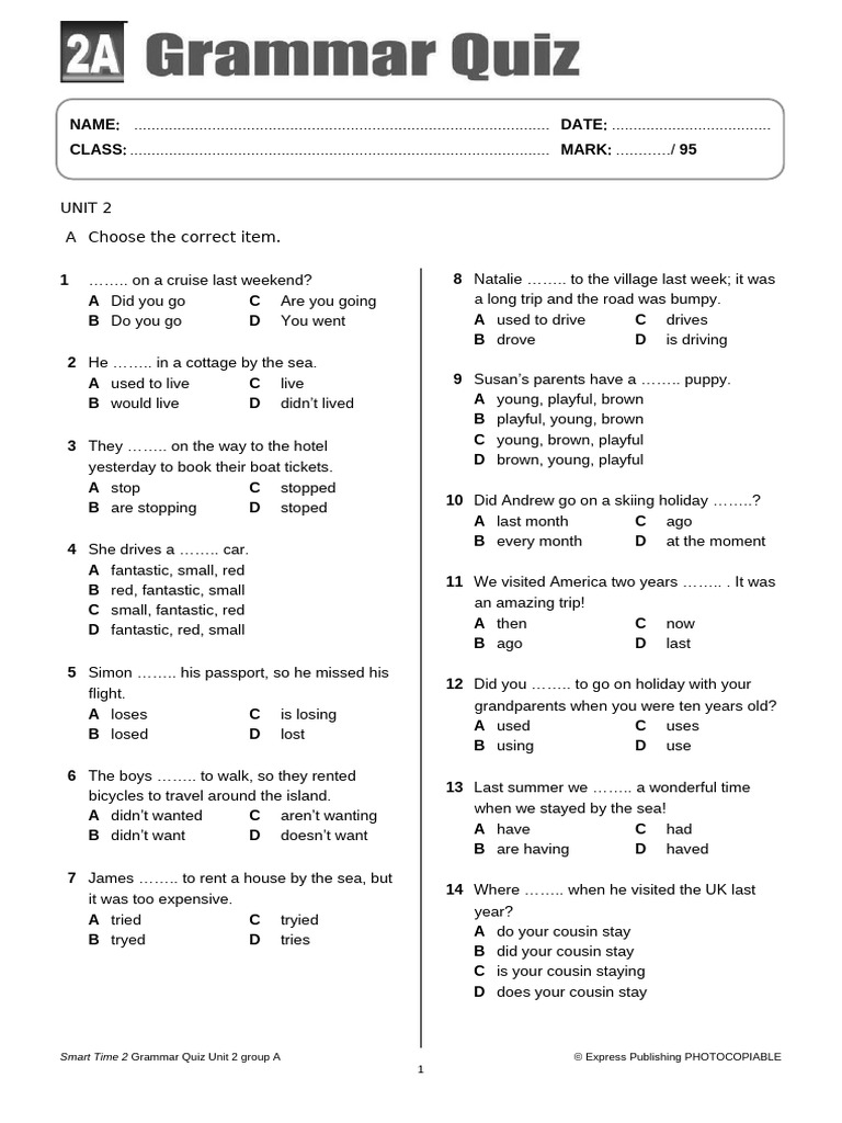 Grammar Quiz for Unit 2 Students | PDF