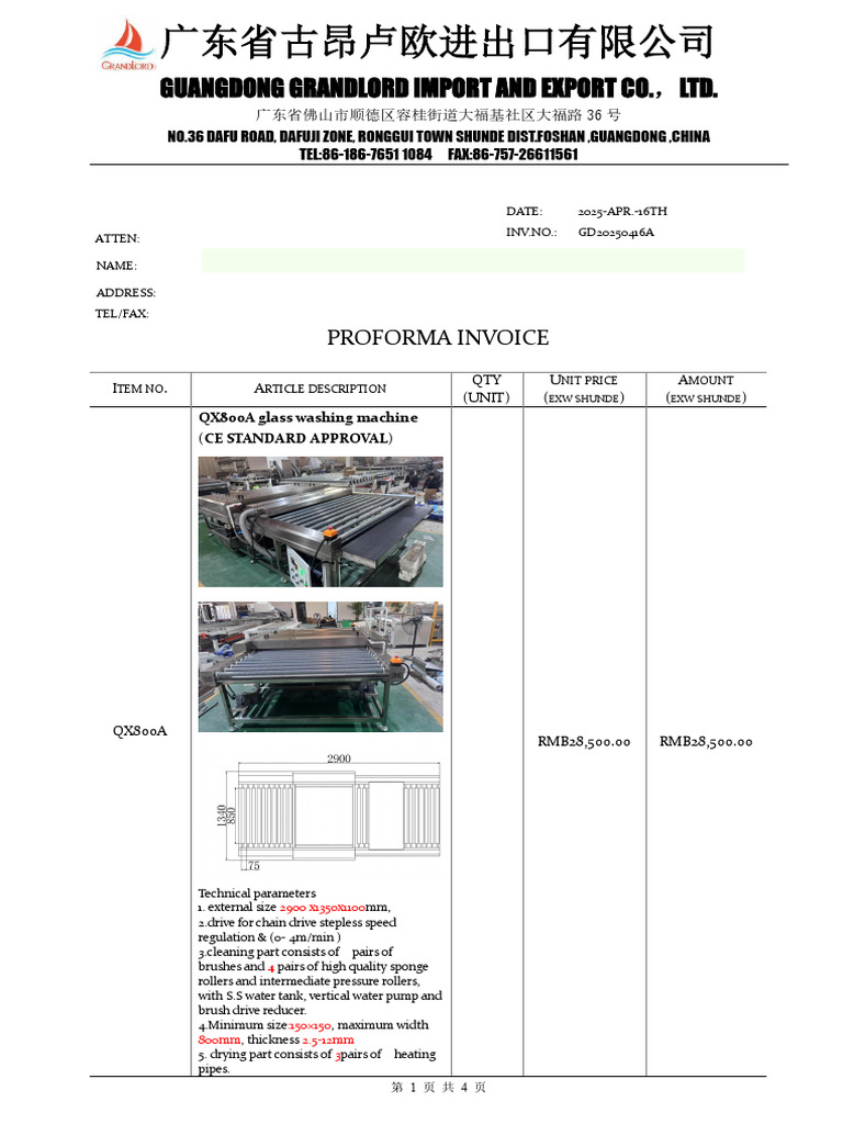 Proforma Invoice for Glass Machinery | PDF | Welding | Construction