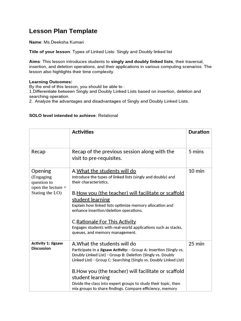 Types of Linked List-Singly Vs Doubly Linked List - Lesson Plan | PDF | Learning | Cognition
