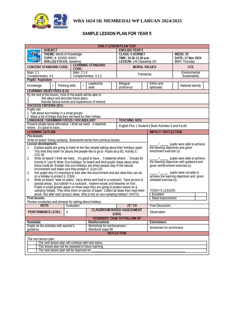 Sample Lesson Plan For Year 5 | PDF | Lesson Plan | Behavior Modification