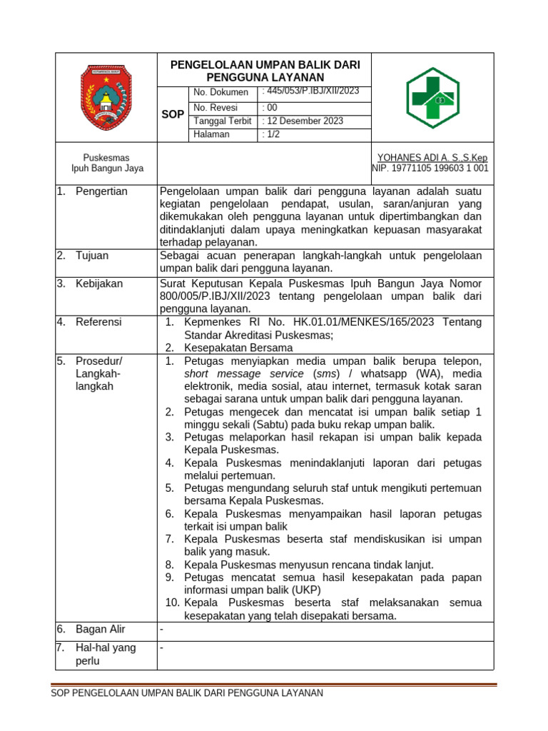Sop - Pengelolaan Umpan Balik Dari Pengguna Layanan | PDF