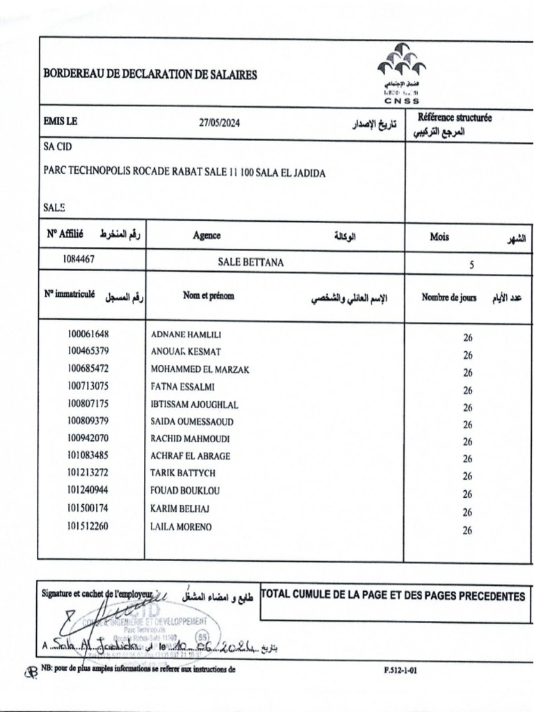 Bordereau de Cnss Mai 2024 | PDF