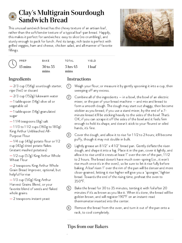 Clay's Multigrain Sourdough Sandwich Bread Recipe - King Arthur Baking | PDF | Breads | Sourdough