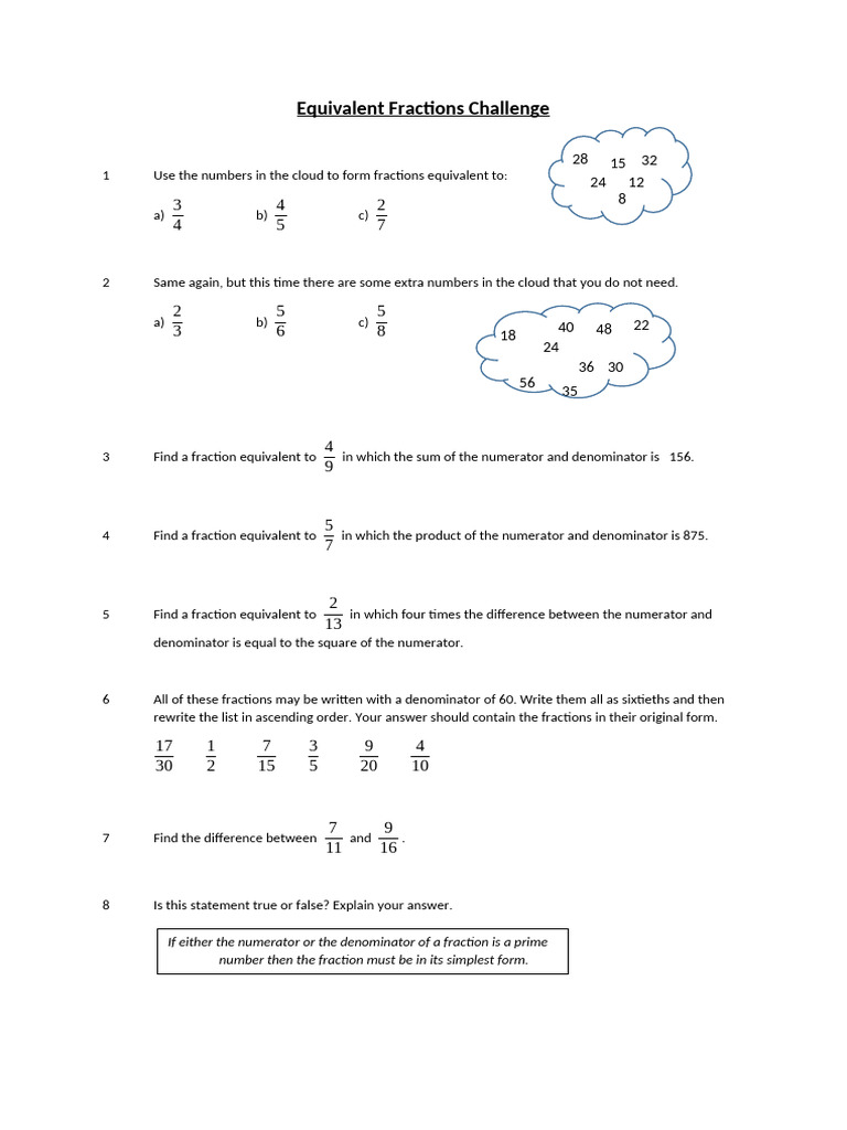 Equivalent Fractions Challenge | PDF | Mathematical Notation ...
