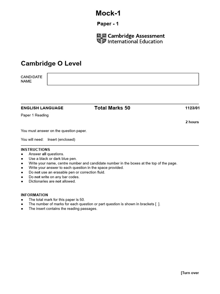 Cambridge O Level English Specimen Paper | PDF