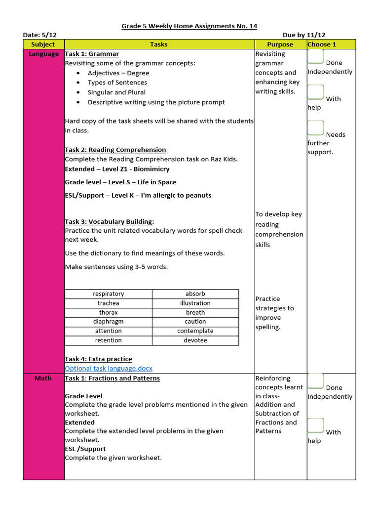 Grade 5 Weekly Homework No.14 - 5th Dec To 11th Dec | PDF | Reading ...
