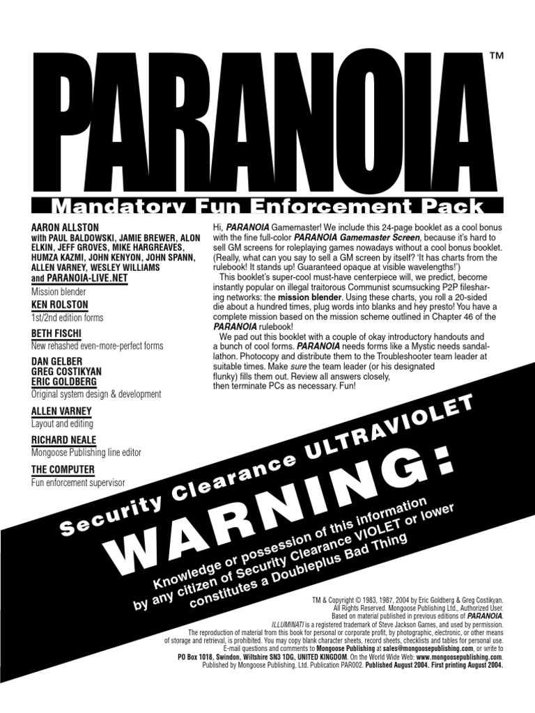 Paranoia XP - Gamemaster Screen Booklet - Mandatory Fun Enforcement ...