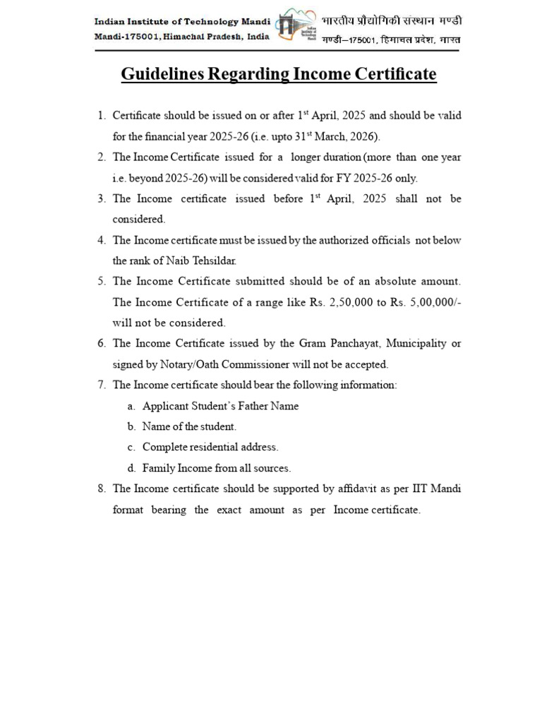 Income Certificate Guidelines 2025-26 | PDF