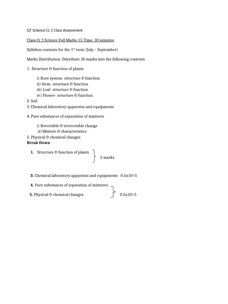 F.QT Science CL 5 Class Assessment | PDF