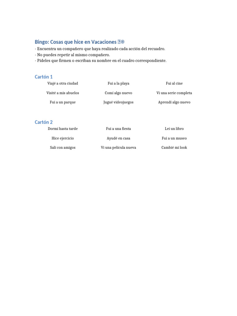 Bingo Vacaciones | PDF