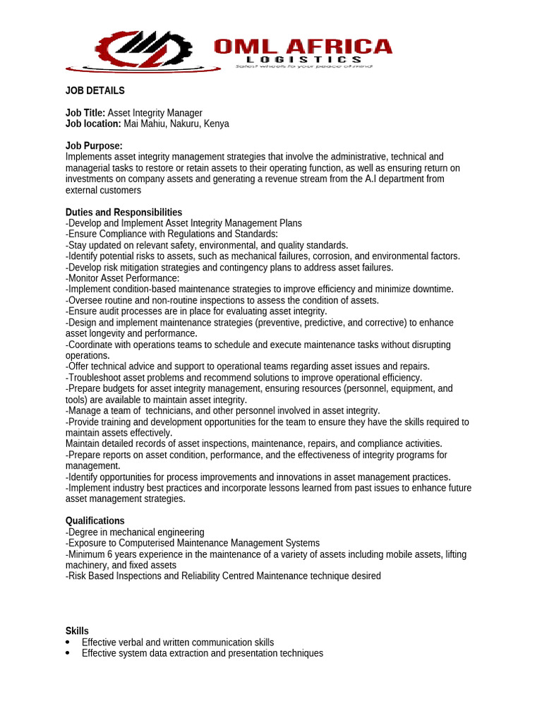 Asset Integrity-Job Advert | PDF | Business
