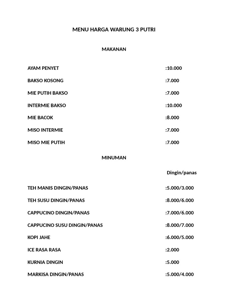 Menu Harga Warung 3 Putri | PDF