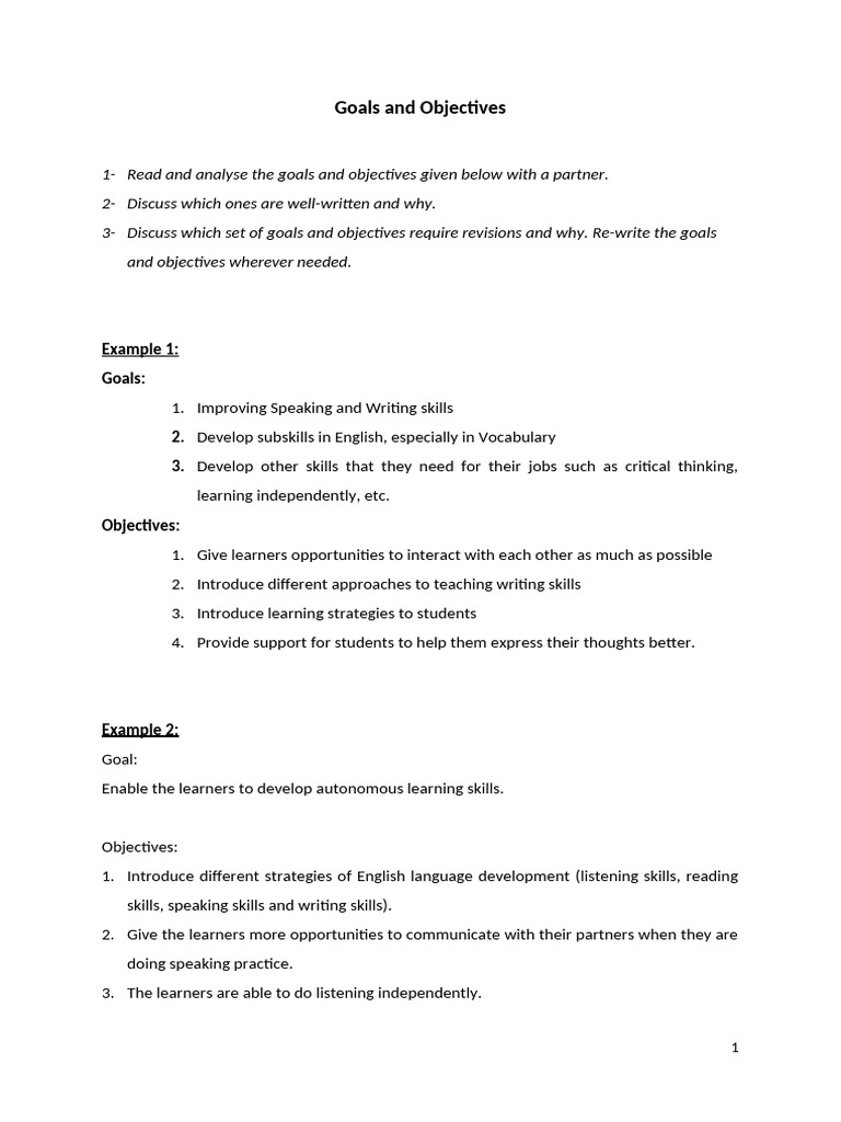 Handout-Goals and Objectives | PDF | Communication | Learning