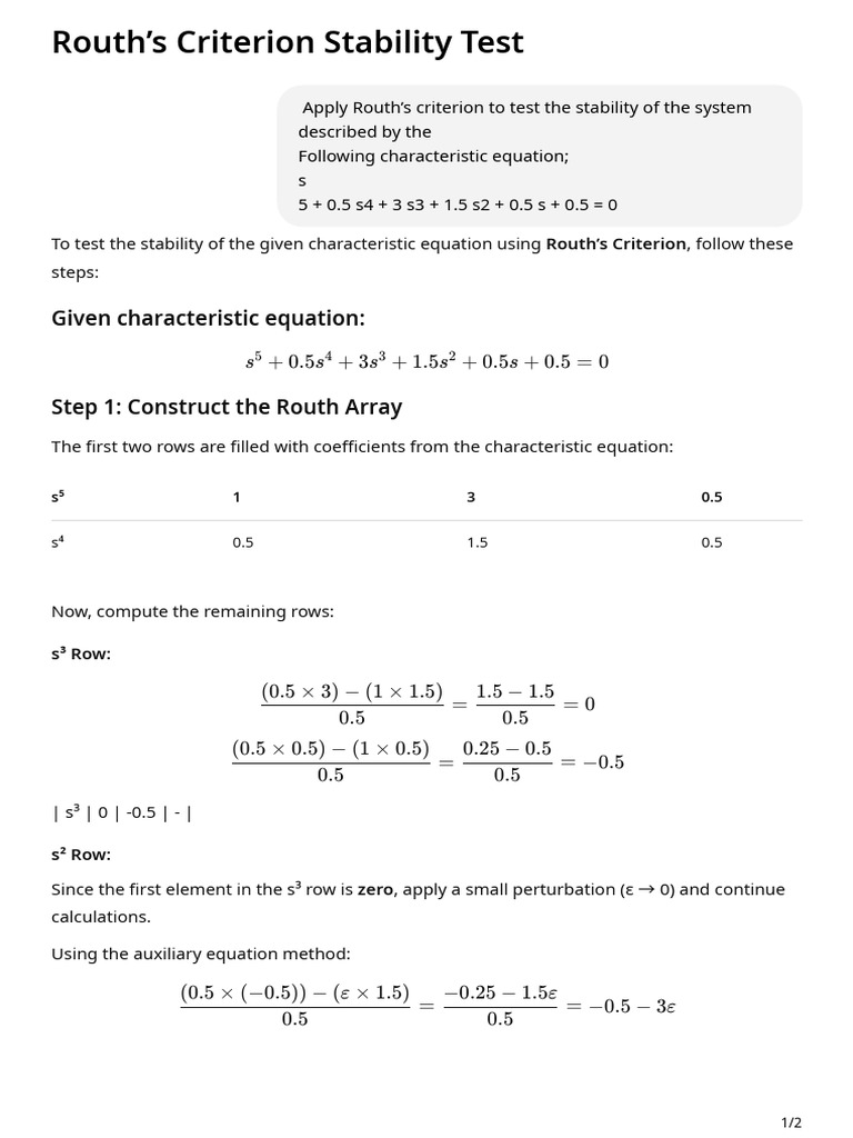 Routh’s Criterion Stability Test | PDF | Abstract Algebra | Applied ...