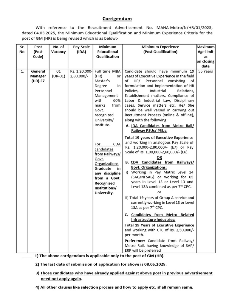 Corrigendum Advt. 01 - 2025-GM (HR) | PDF