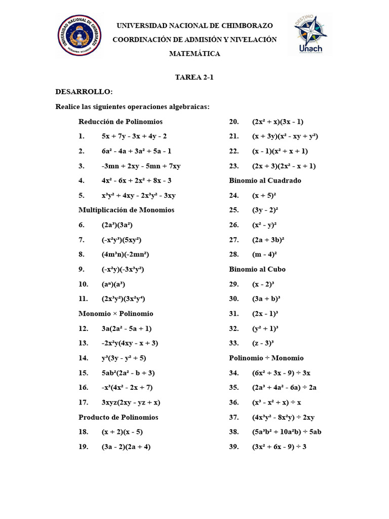 Tarea 2-1 Operaciones Algebraicas y Factorización | PDF | Factorización | Álgebra
