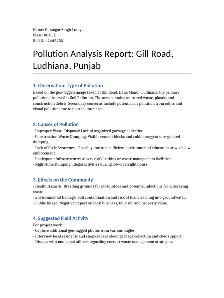 Pollution Analysis Report Ludhiana With Image | PDF