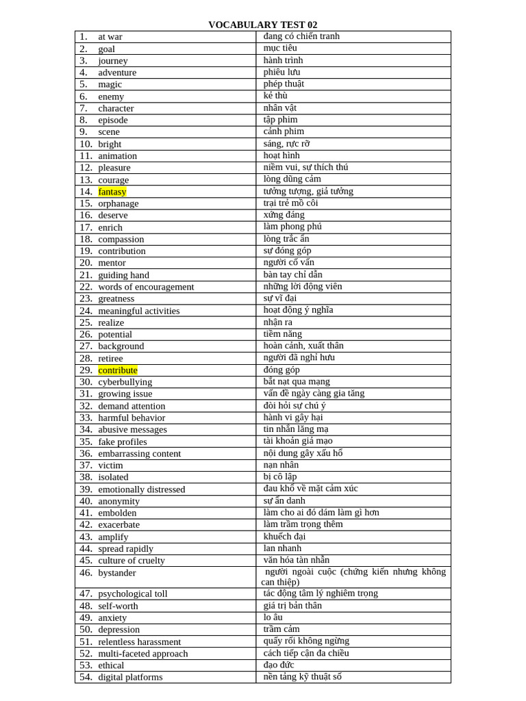 Vocabulary List Test 02 | PDF
