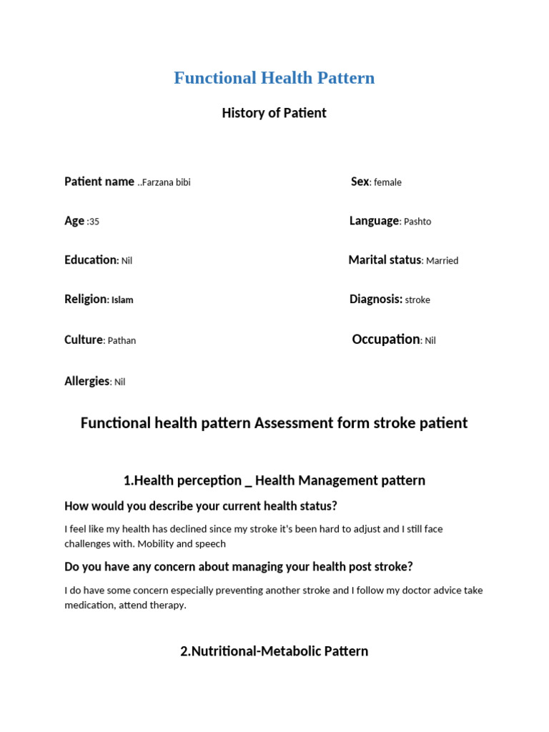Functional Health Pattern | PDF | Stroke | Diseases And Disorders