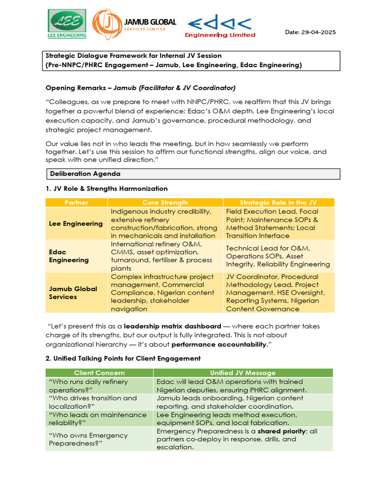 Strategic Dialogue Framework for Internal JV Session | PDF | Risk ...