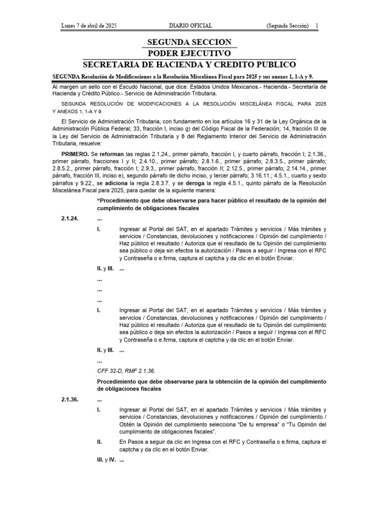 SEGUNDA Resolución de Modificaciones A La Resolución Miscelánea Fiscal ...