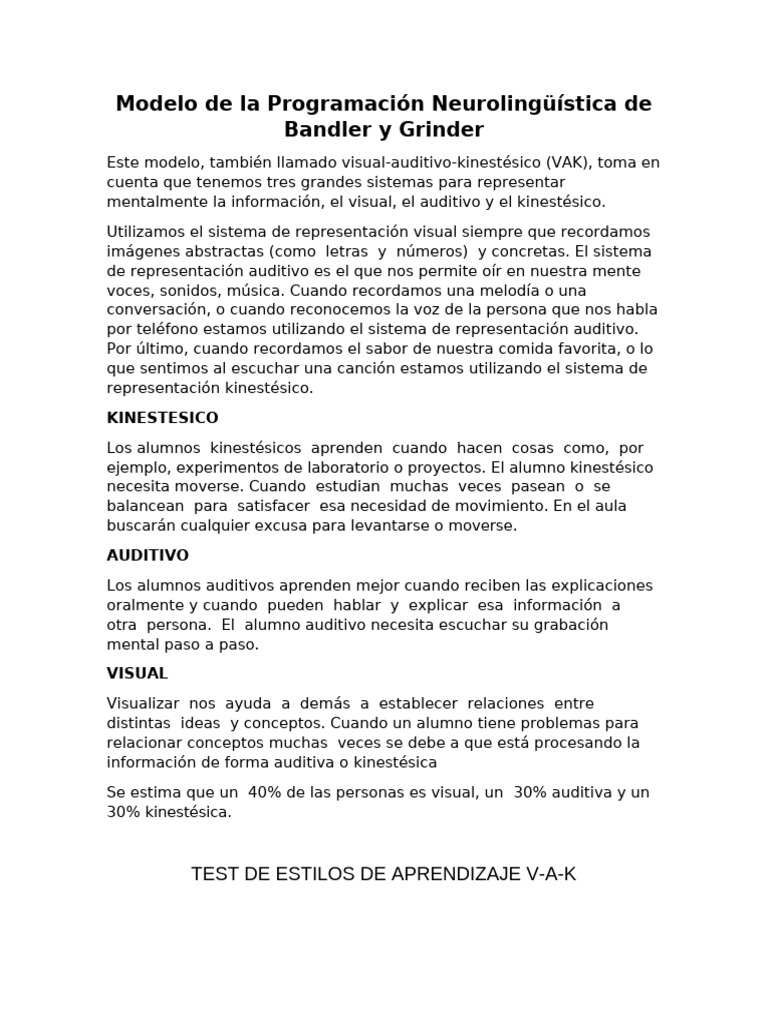 Modelo de La Programación Neurolingüística. | PDF | Programación neurolingüistica | Mente