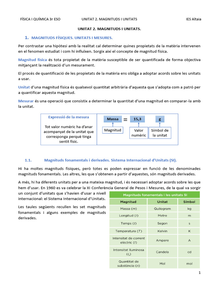 UNITAT 2. Magnituds I Unitats. 3ESO | PDF
