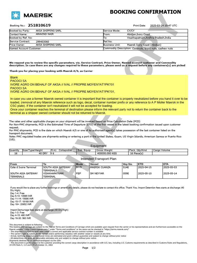 BookingConfirmation | PDF | Cargo | Office Of Foreign Assets Control