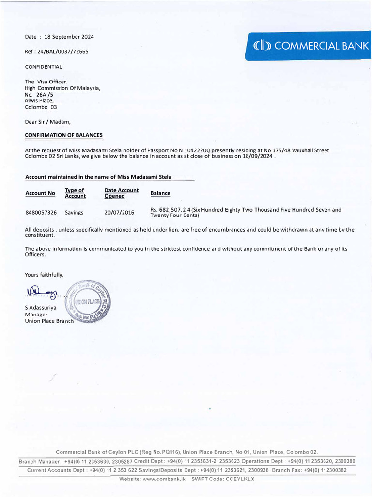 Confirmation of Savings Account Balance | PDF