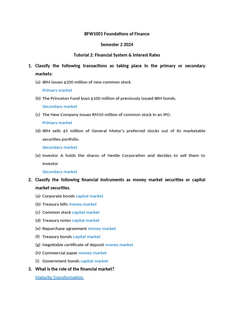 BFW1001 - Tutorial 2 - Questions | PDF | Securities (Finance ...