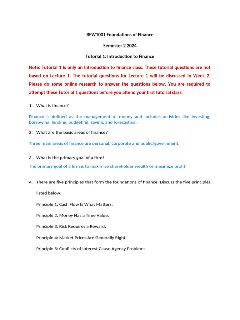 BFW1001 - Tutorial 1 - Questions | PDF