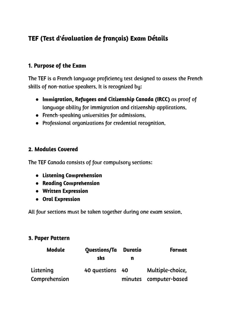 TEF Exam Overview for Canada Immigration | PDF | Qualifications