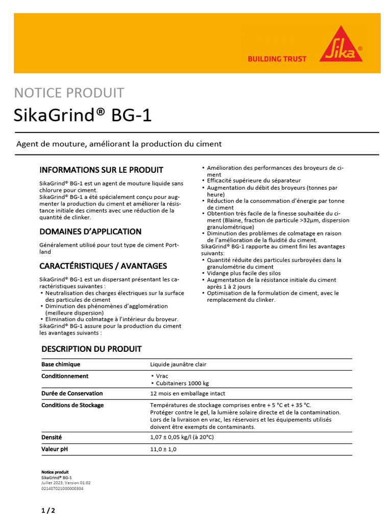 SikaGrind® BG-1 : Agent de mouture ciment | PDF | Ciment | Béton