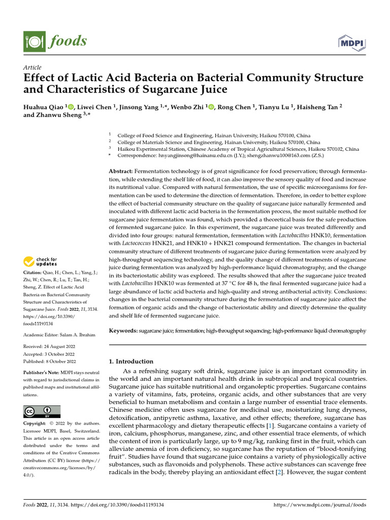 Lactic Acid Bacteria in Sugarcane Juice Fermentation | PDF | Food ...