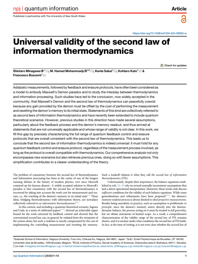 Universal Validity of The Second Law of Information Thermodynamics | PDF | Thermodynamics | Entropy