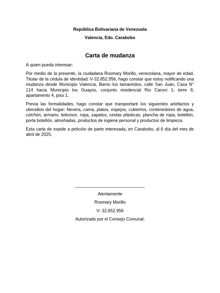Carta de Mudanza | PDF